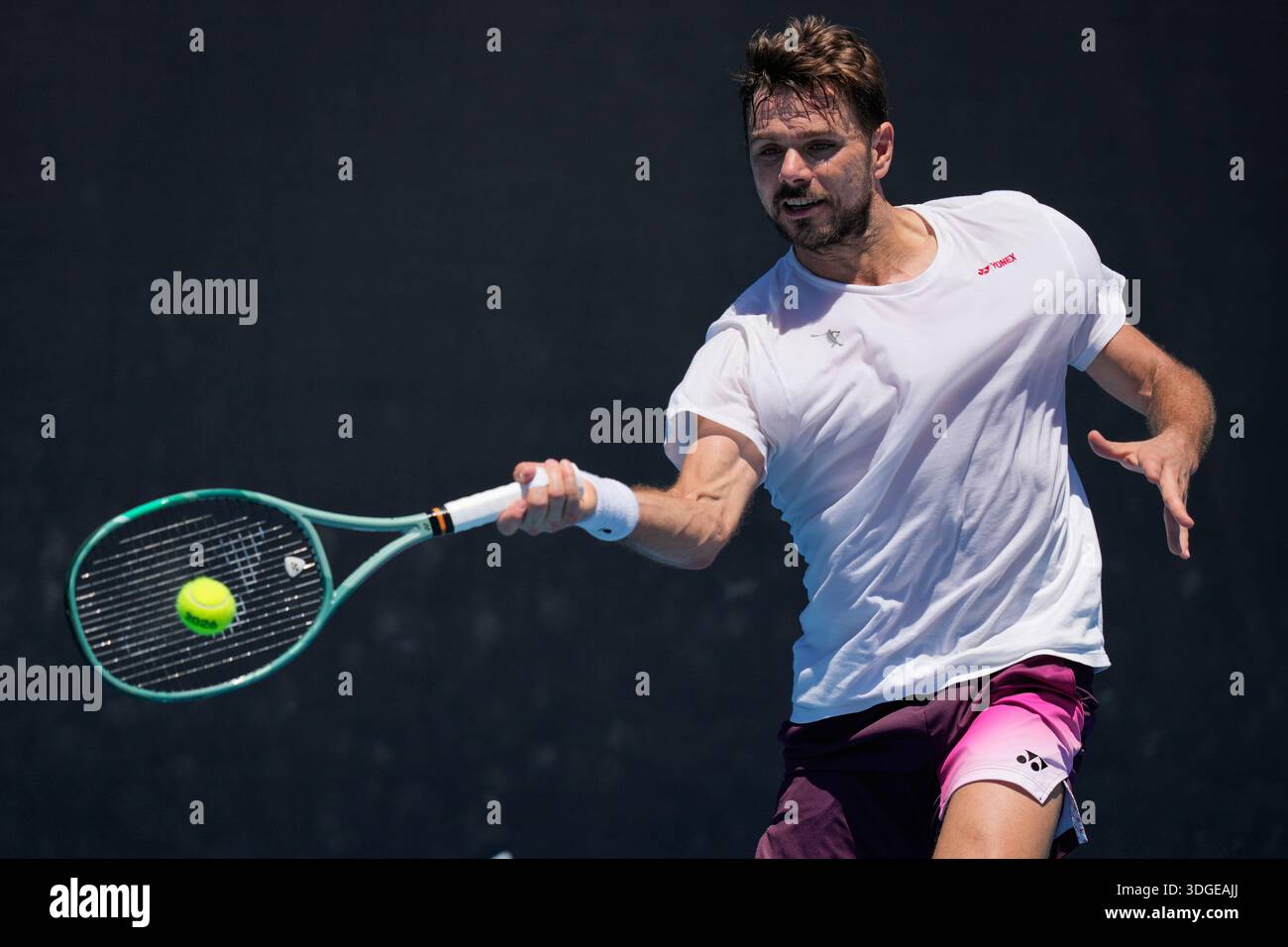 Stan Wawrinka of Switzerland plays a forehand return during a practice ...