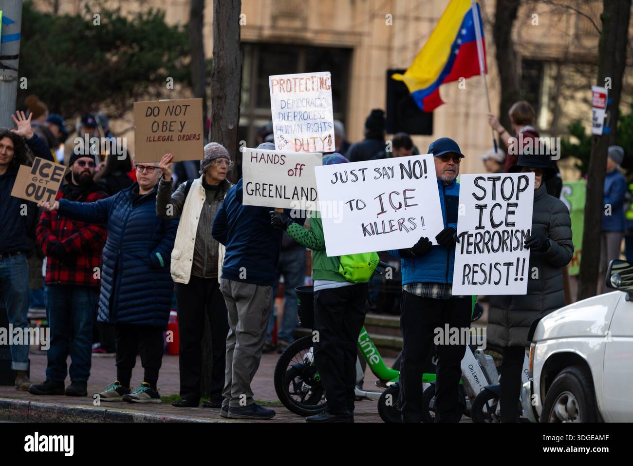 Seattle, USA. 15th Jan 2025. Just after 12:00pm protestors gathered at ...