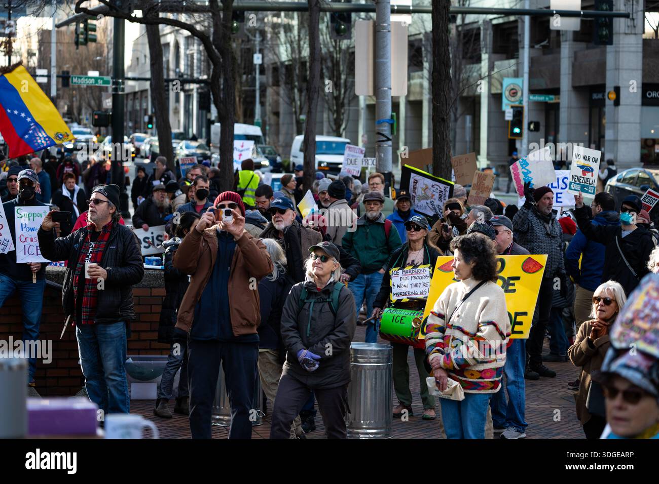 Seattle, USA. 15th Jan 2025. Just after 12:00pm protestors gathered at ...