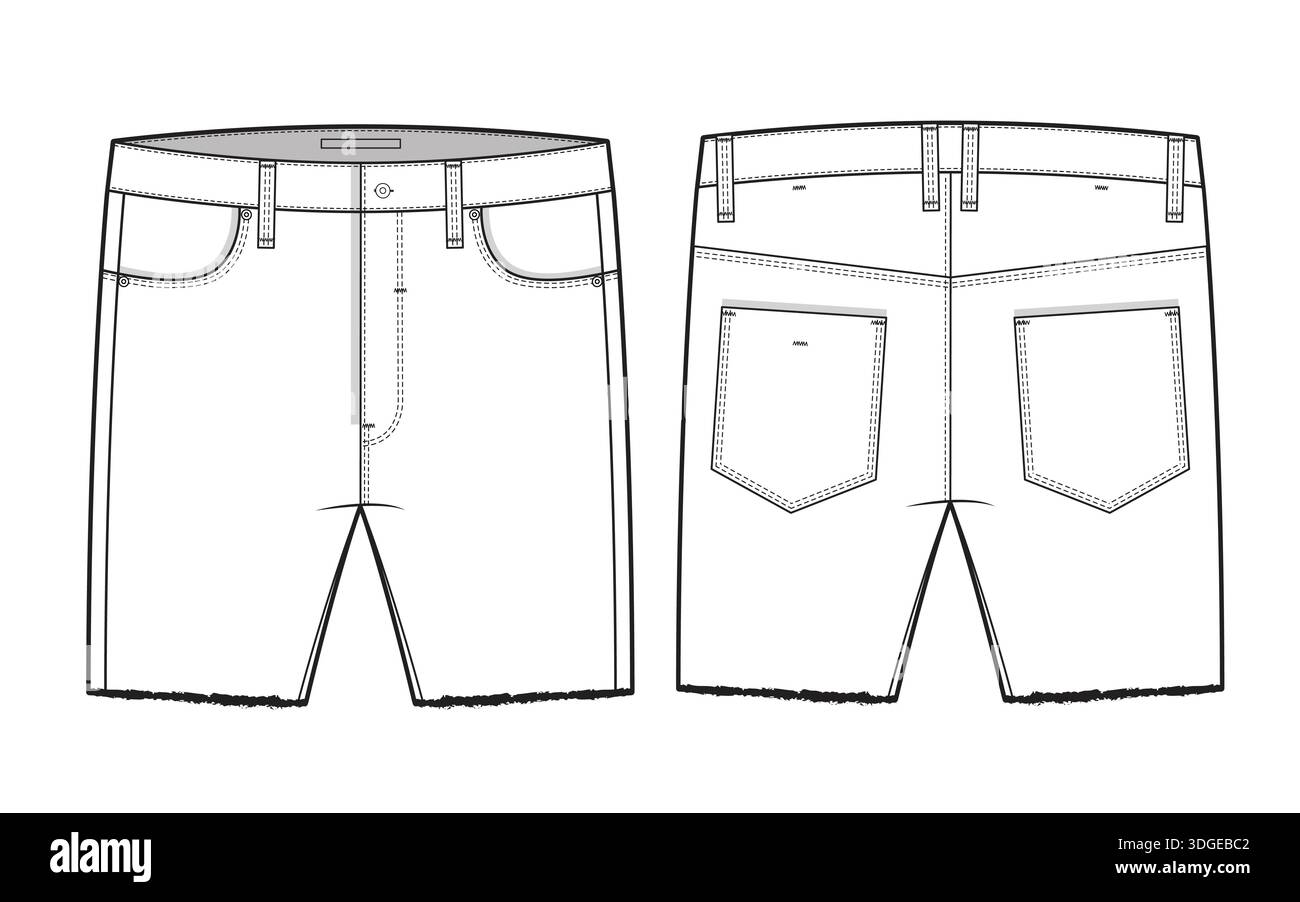 Men short jeans pant design technical flat sketch vector mockup ...