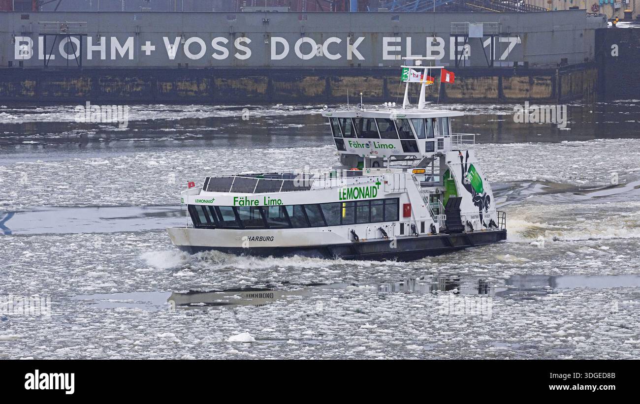 15 January 2026, Hamburg: A harbor ferry sails on the Elbe in winter ...
