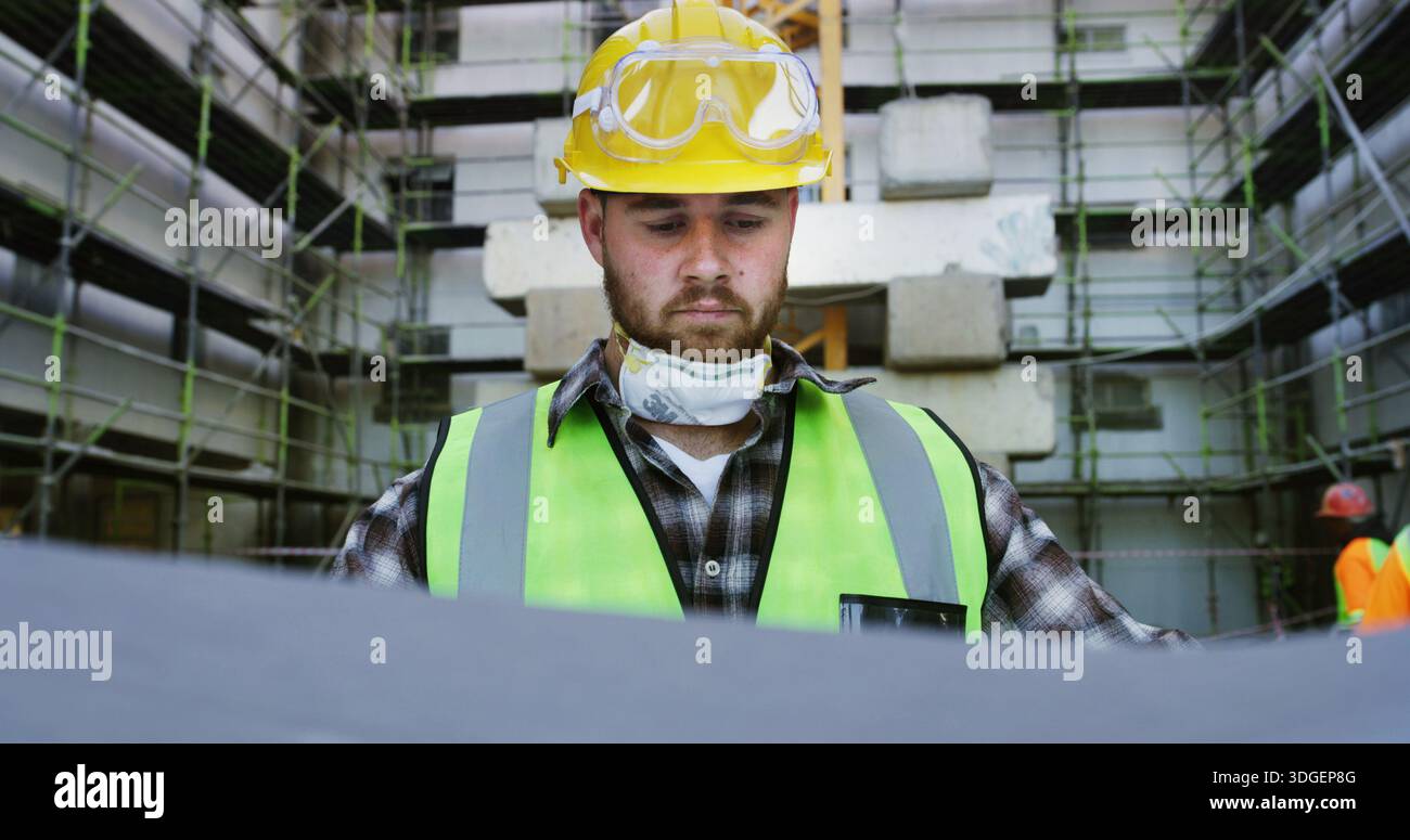 Civil engineer, reading and man with blueprint, construction site and ...