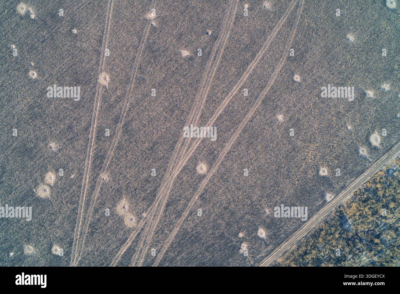 Dark arable land is scarred by multiple artillery explosion craters and ...