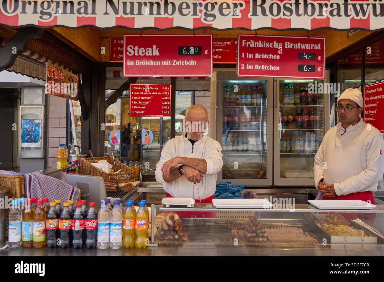 Traditional German street food stall selling Original Nürnberger ...
