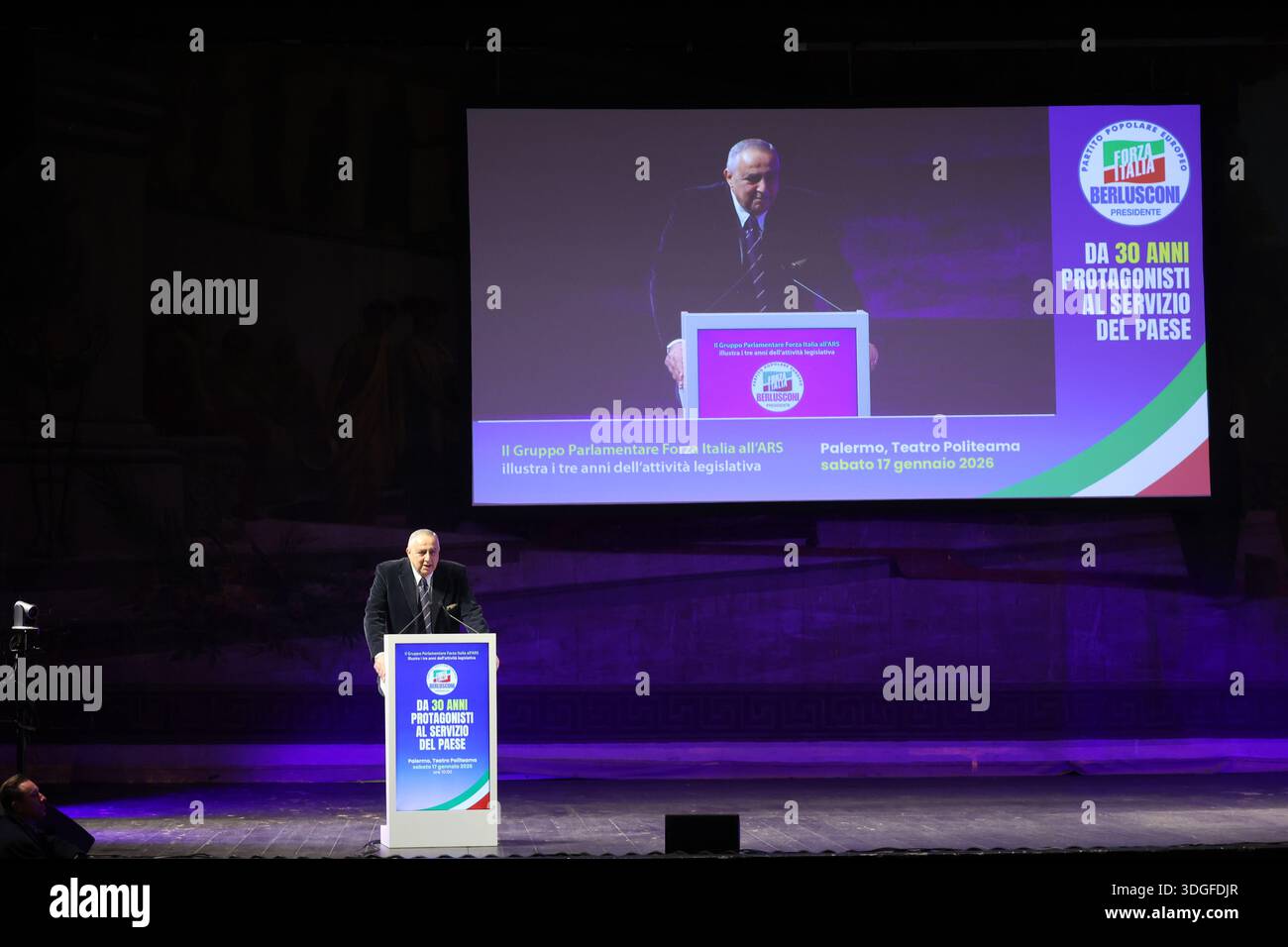 Palermo, Italy. 17th Jan, 2026. Antonio Tajani at the Politeana Theater ...