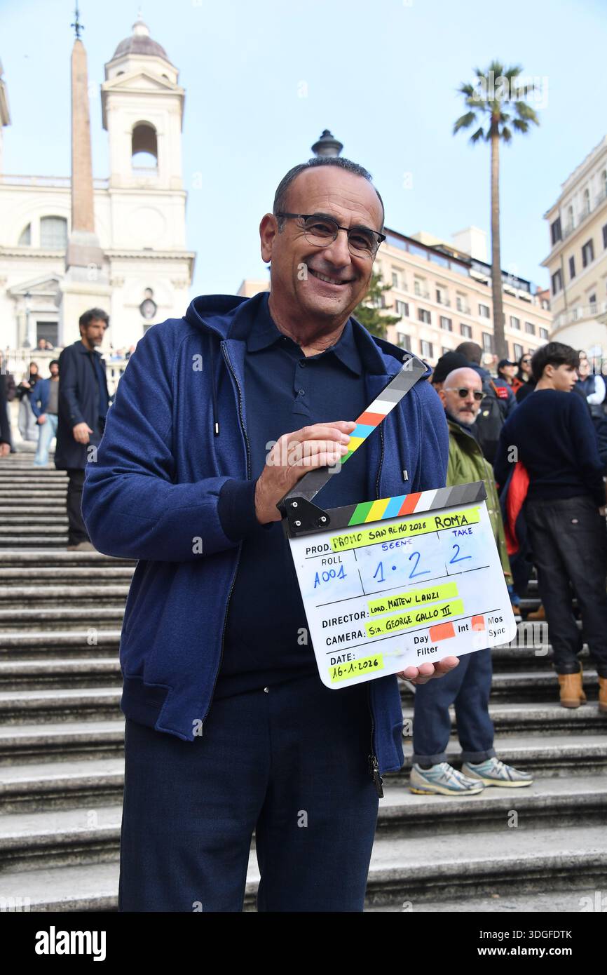 Rome, Italy. 16th Jan, 2026. Rome, Piazza di Spagna Carlo Conti on the ...