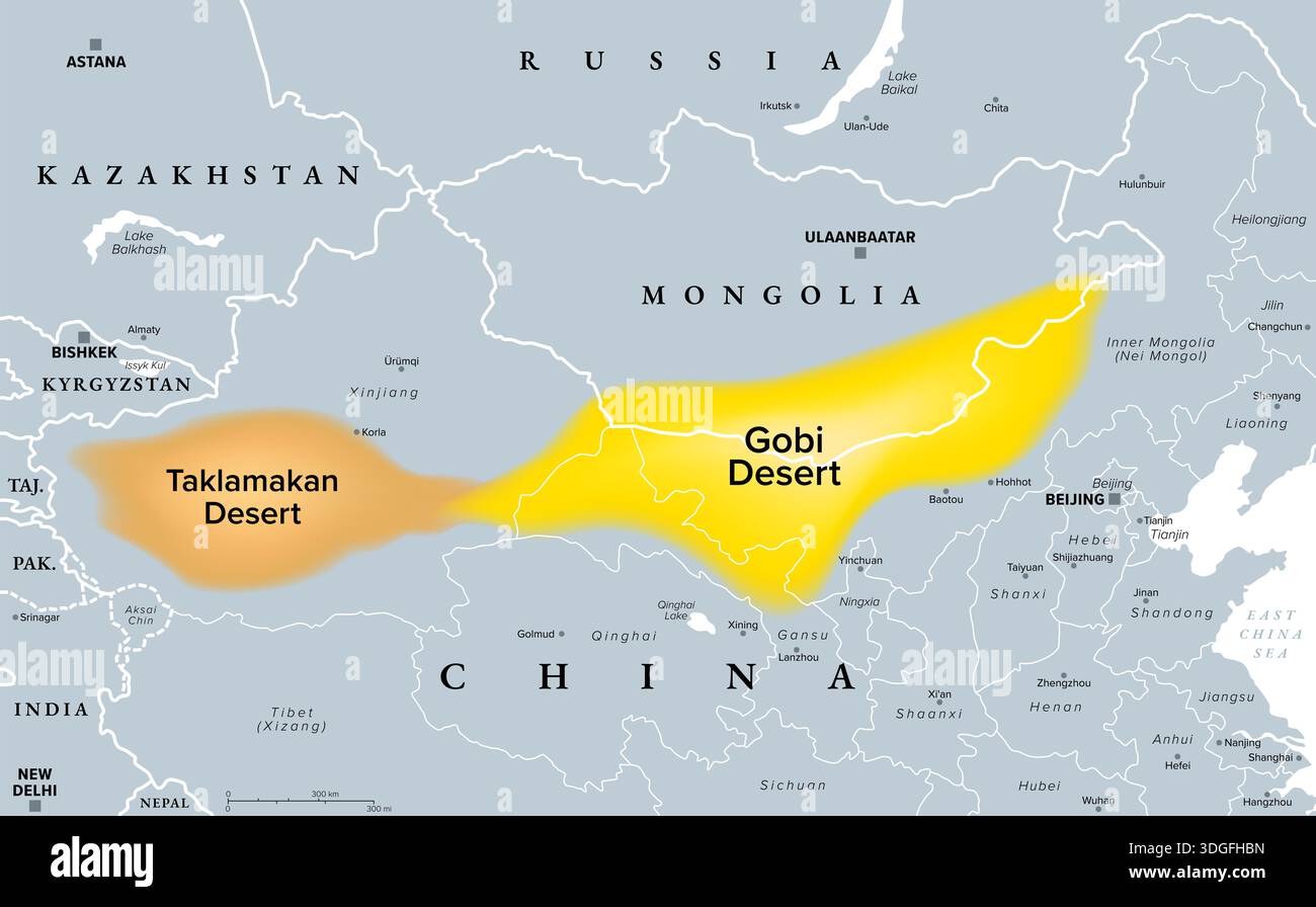 Gobi Desert and Taklamakan Desert, gray political map. Gobi, a large ...