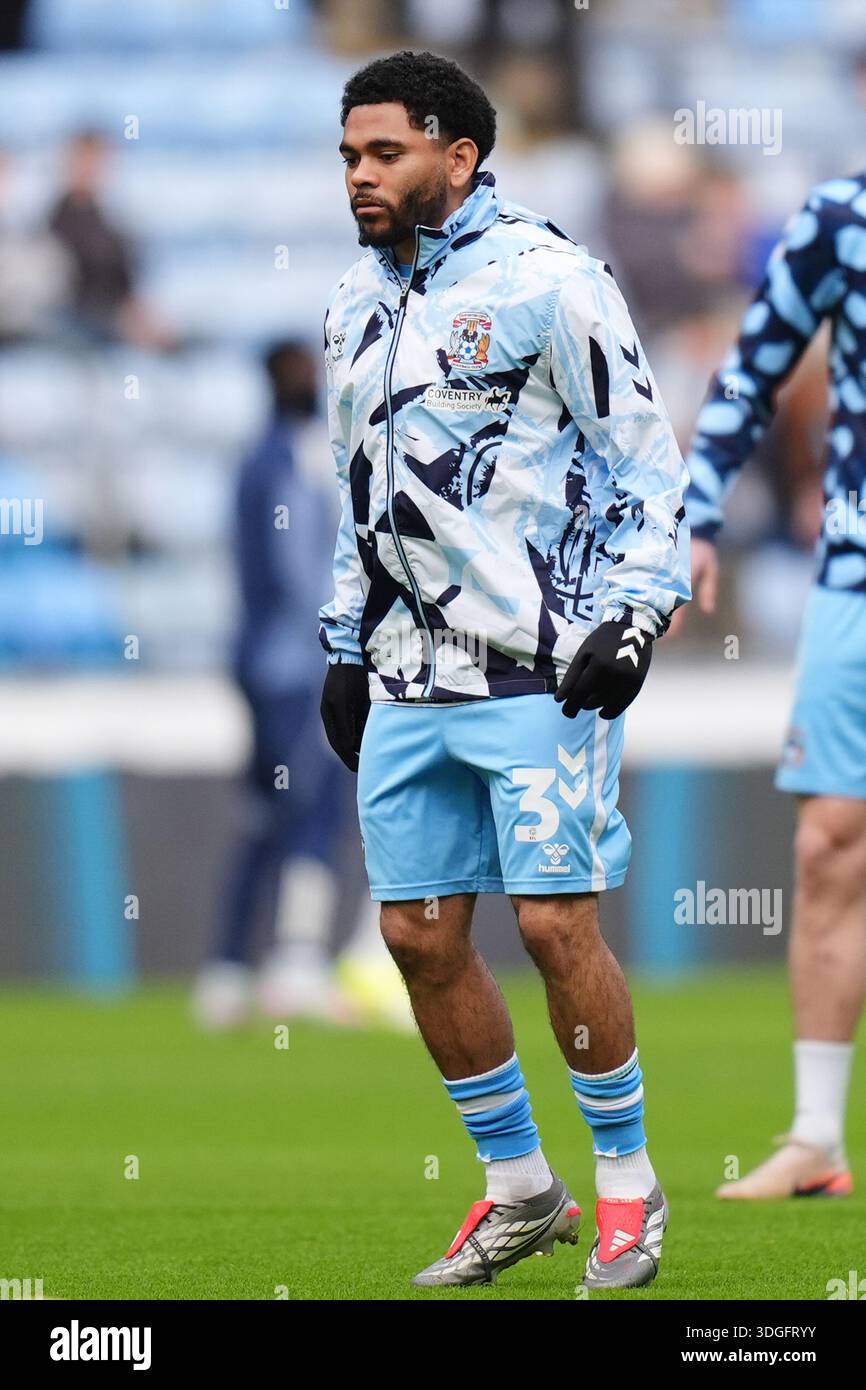Coventry City's Jay Dasilva warming up before the Sky Bet Championship ...