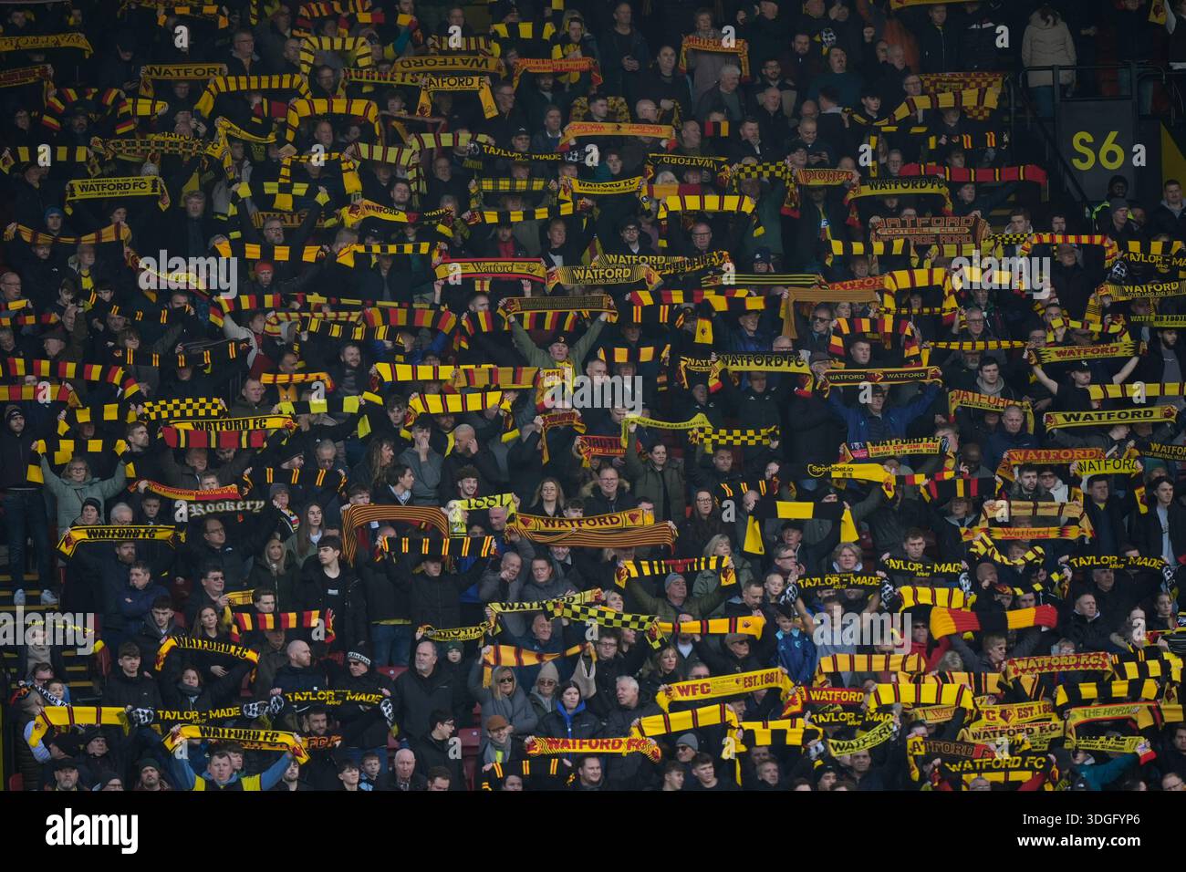 Watford fans hold up their scarves ahead of the Sky Bet Championship ...