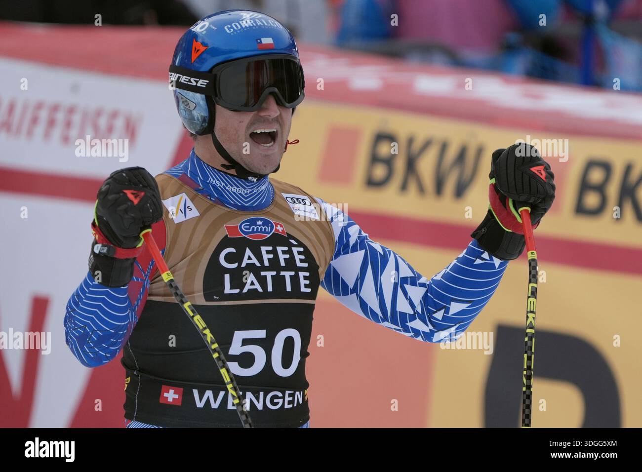 Chile's Henrik von Appen celebrates at the finish area of an alpine ski ...