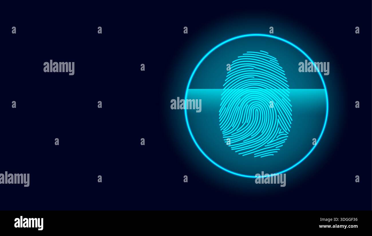 Cyber Security Biometric Scan Glowing Blue Fingerprint Interface with ...