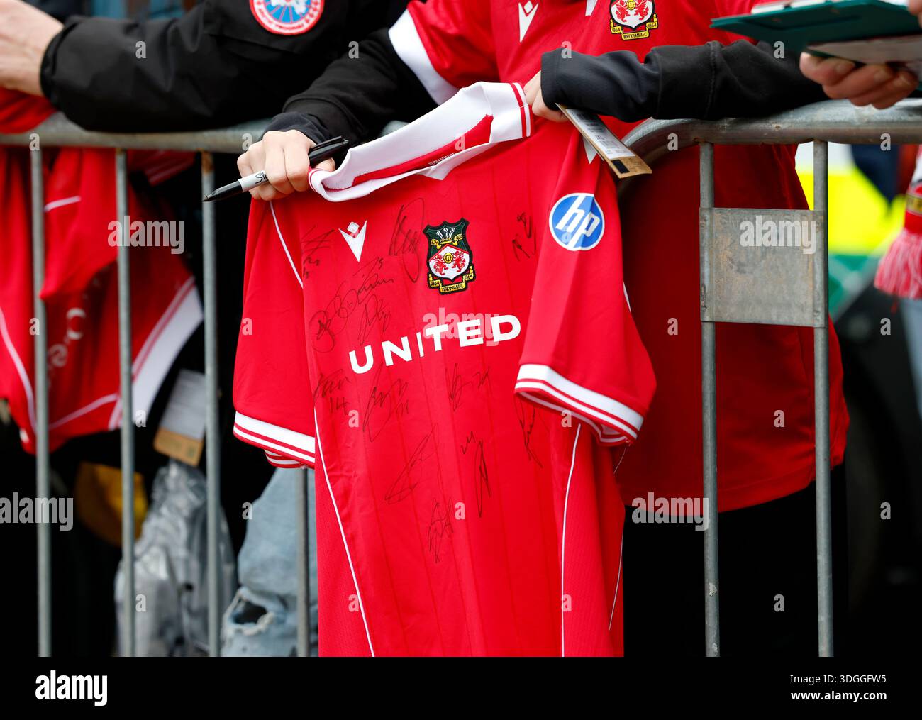 A view of a fan's signed Wrexham shirt before the Sky Bet Championship ...