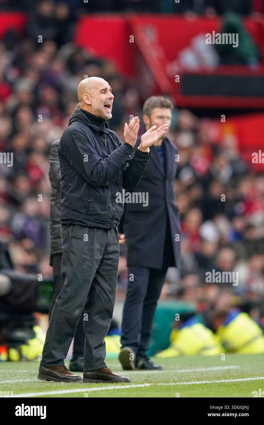Manchester City's head coach Pep Guardiola reacts during the English ...