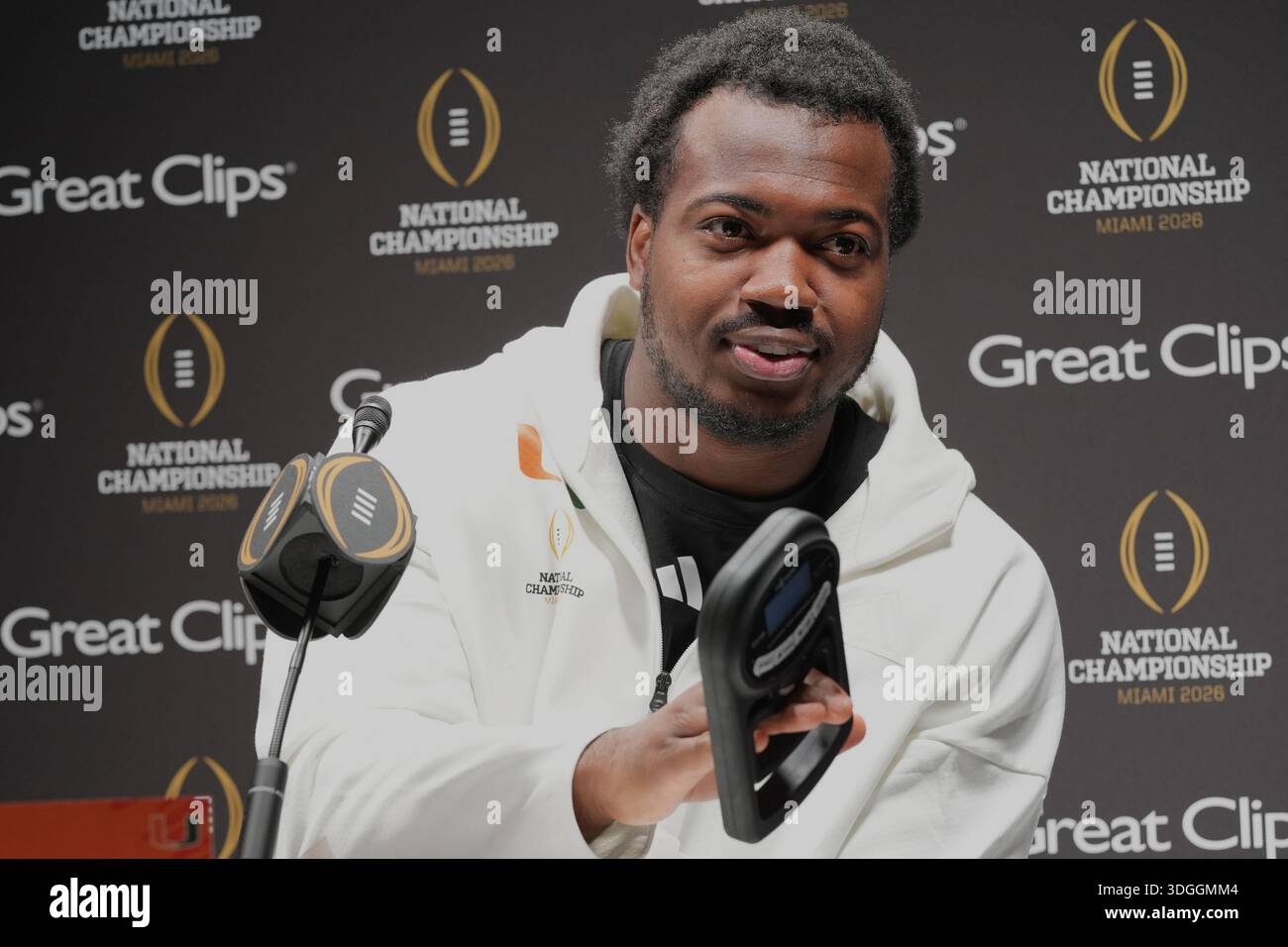Miami defensive lineman Rueben Bain Jr. speaks during media day ahead ...