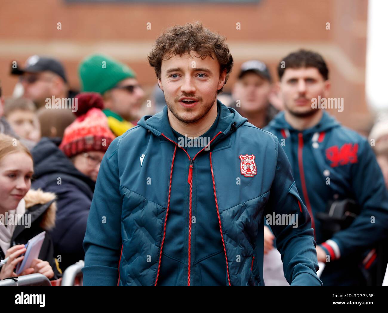 Wrexham's Oliver Rathbone arrives ahead of the Sky Bet Championship ...
