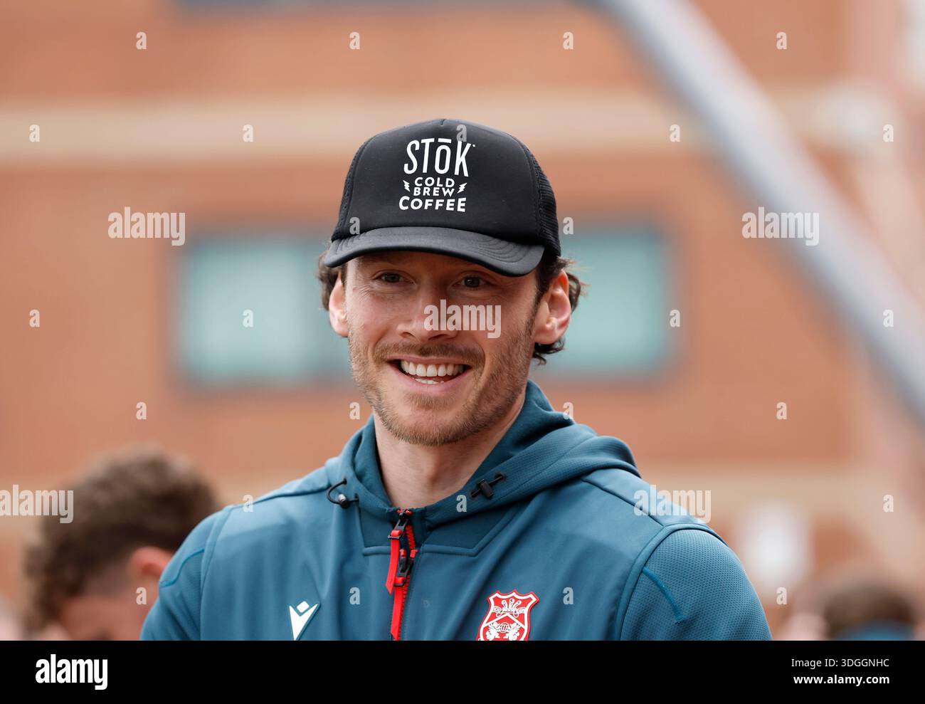 Wrexham's Kieffer Moore arrives ahead of the Sky Bet Championship match ...