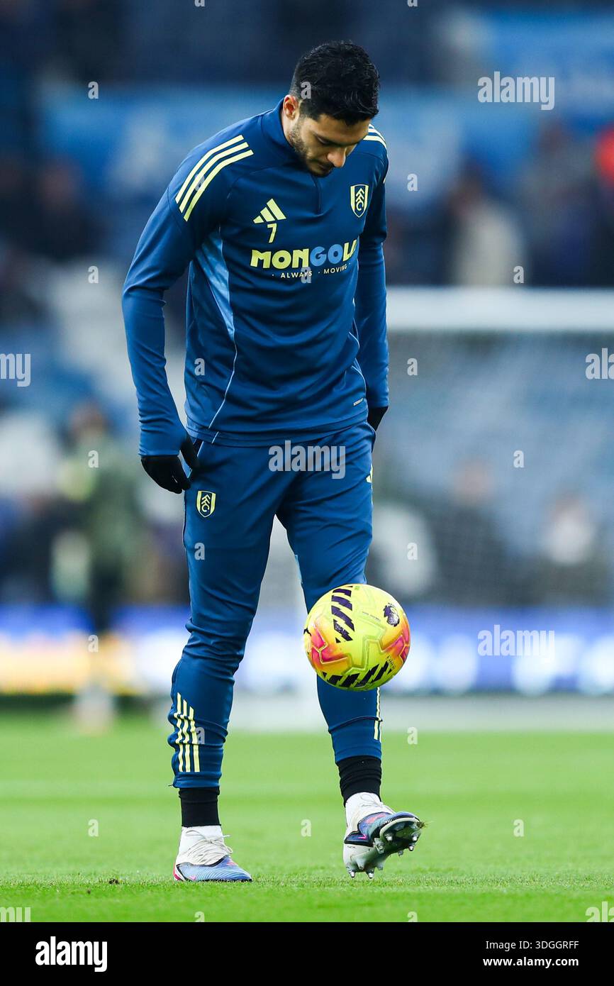 Raul Jimenez of Fulham warms up ahead of the Premier League match Leeds ...