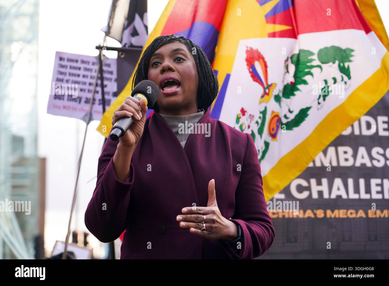 Britain's opposition leader Kemi Badenoch speaks during a protest ...