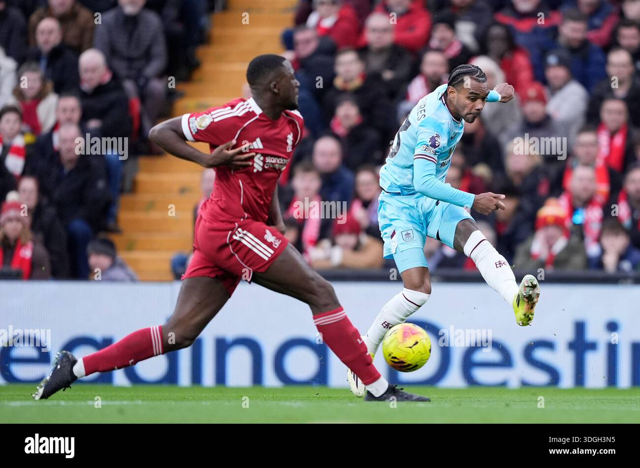 Liverpool's Ibrahima Konate and Burnley's Lucas Pires (right) battle ...
