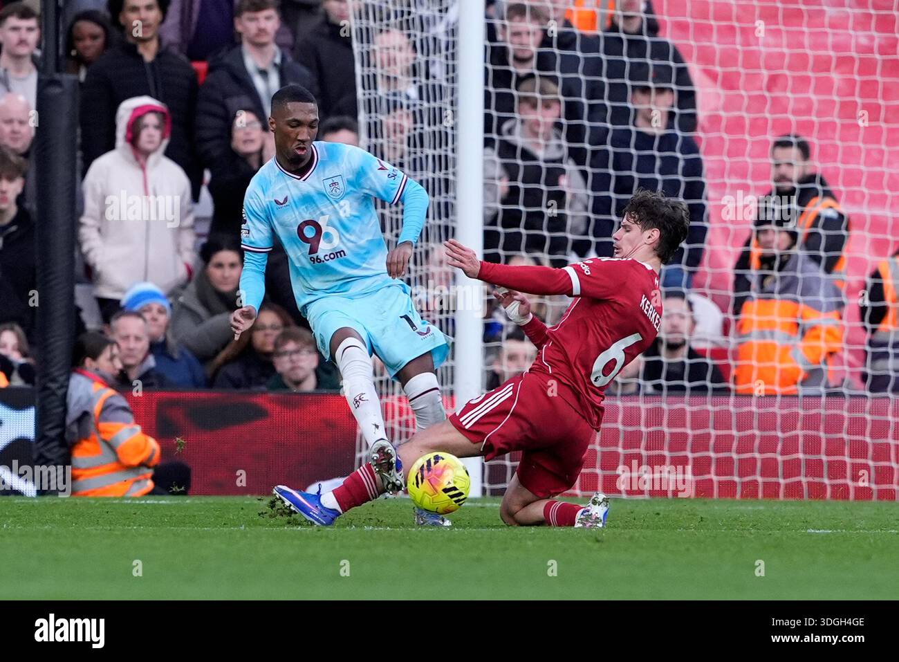 Burnley's Jaidon Anthony and Liverpool's Milos Kerkez battle for the ...