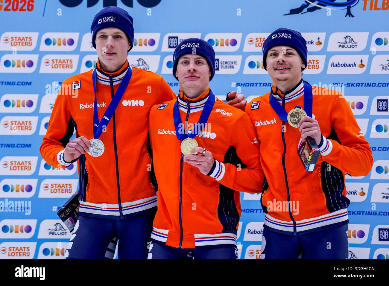 podium, second Teun Boer of the Netherlands and winner Jens van t Wout ...