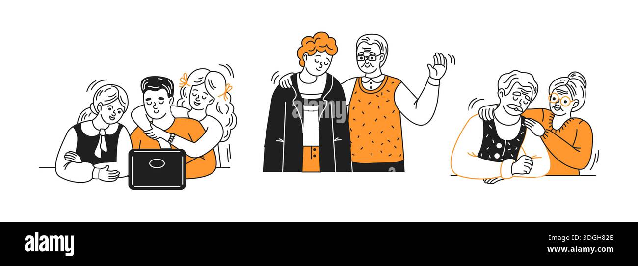 Cartoon of different generations interacting happily. Family moments in ...