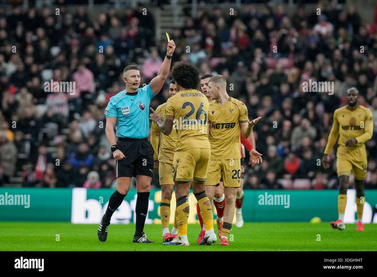 Sunderland, UK. 17th Jan, 2026. Referee Rob Jones gives yellow card to ...