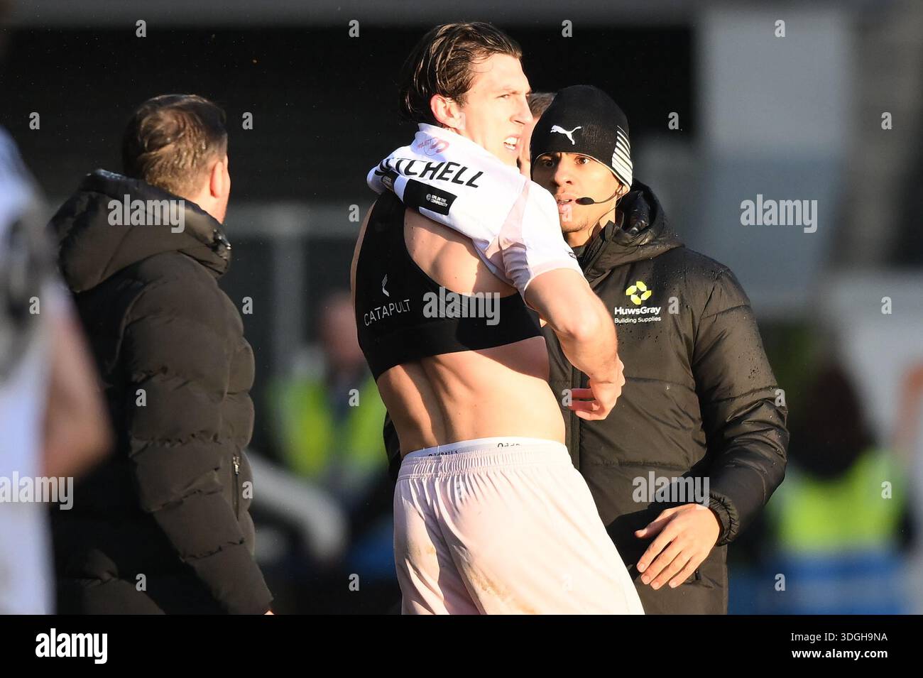 Alex Mitchell of Plymouth Argyle changes shirt during the Sky Bet ...