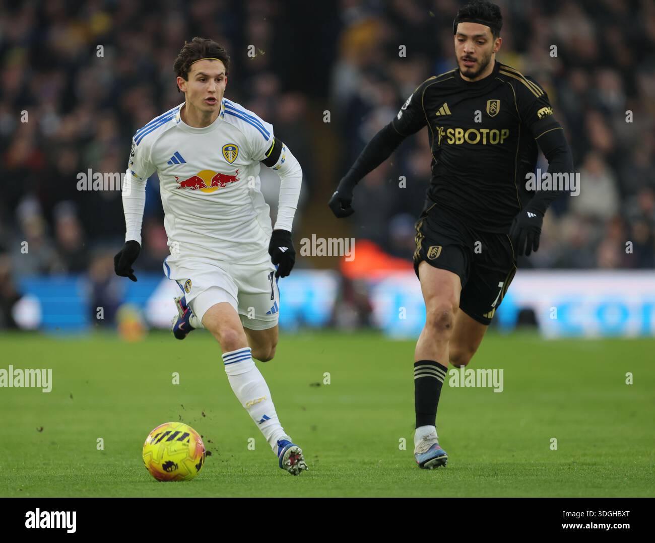 Leeds United's Brenden Aaronson under pressure from Fulham's Raul ...