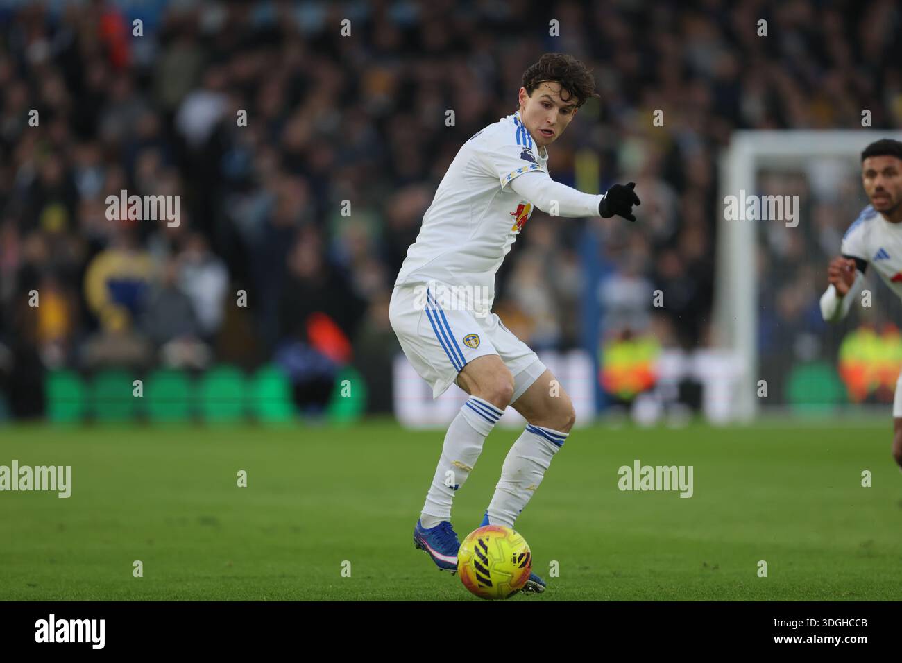 Leeds United's Brenden Aaronson controls the ball during the Premier ...