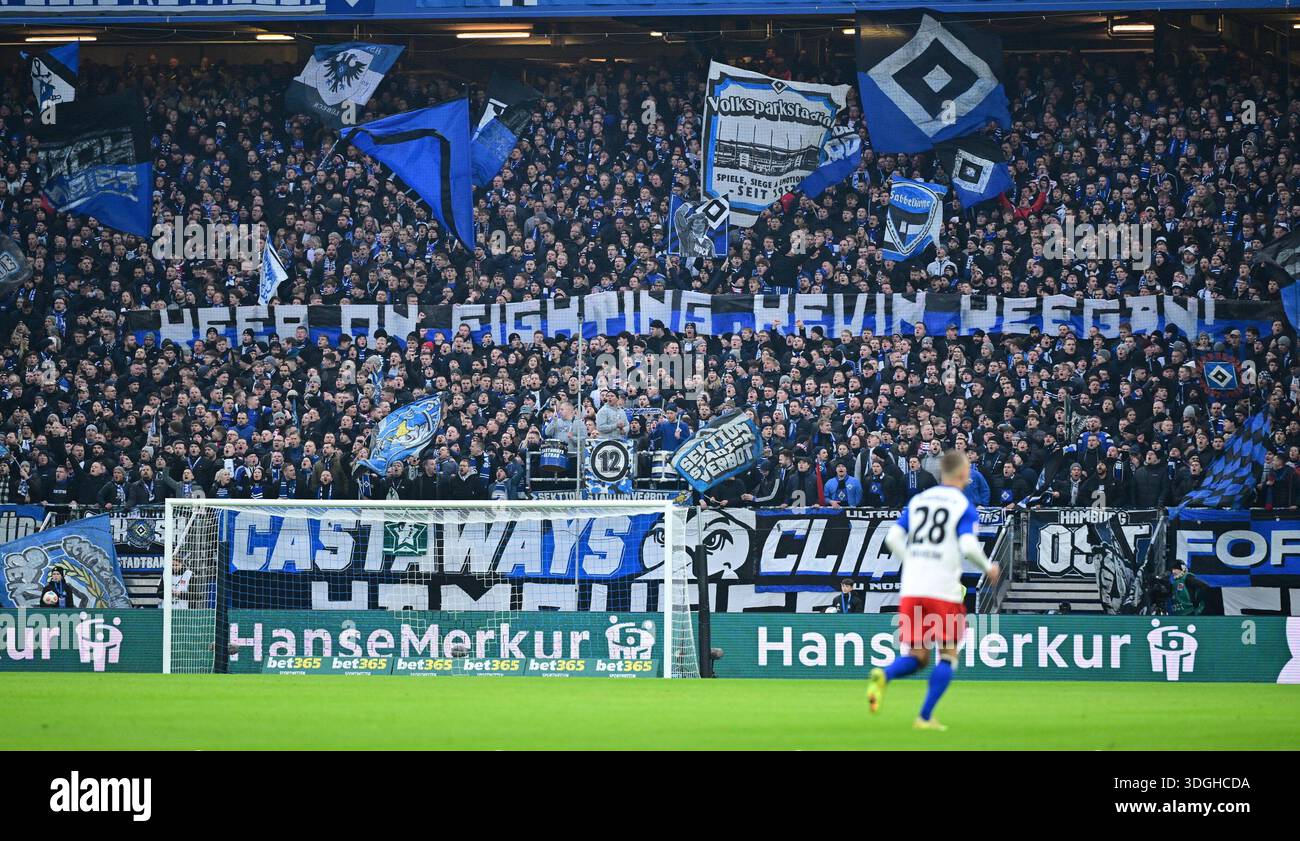 Fans supporters HSV Hamburg with banner "Keep on Fighting, Kevin Keegan ...