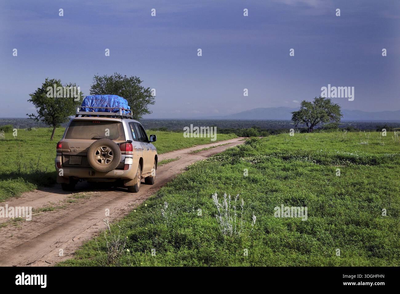 A land cruiser rides on a track through the tree savanna, Murle ...