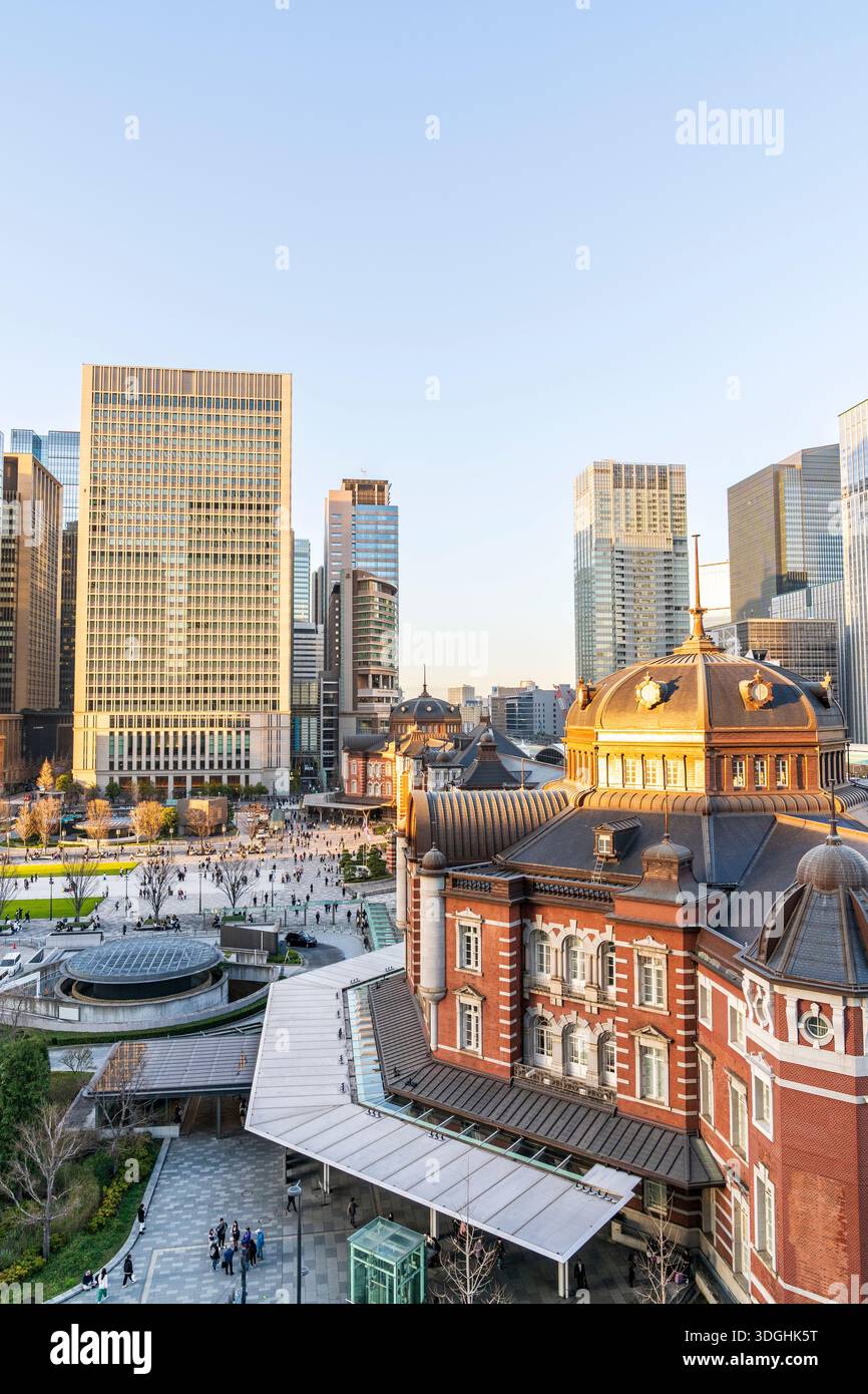 High view along Marunouchi red brick facade of Tokyo station, Tokyo ...