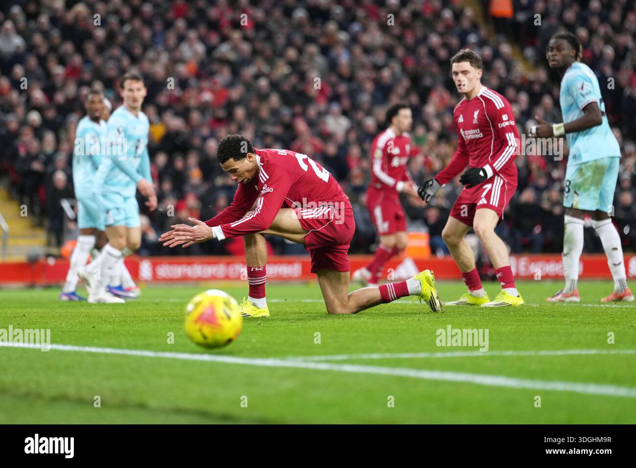 Liverpool's Hugo Ekitike reacts after missing a chance to score during ...