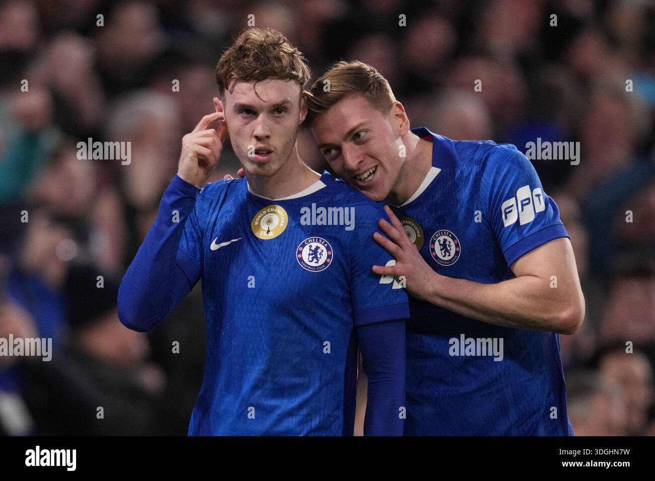 Liam Delap of Chelsea celebrates Cole Palmer of Chelsea goal during the ...
