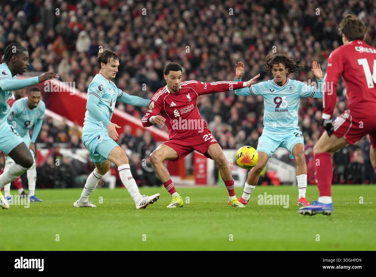 Liverpool's Hugo Ekitike, center, tries controls the ball during the ...
