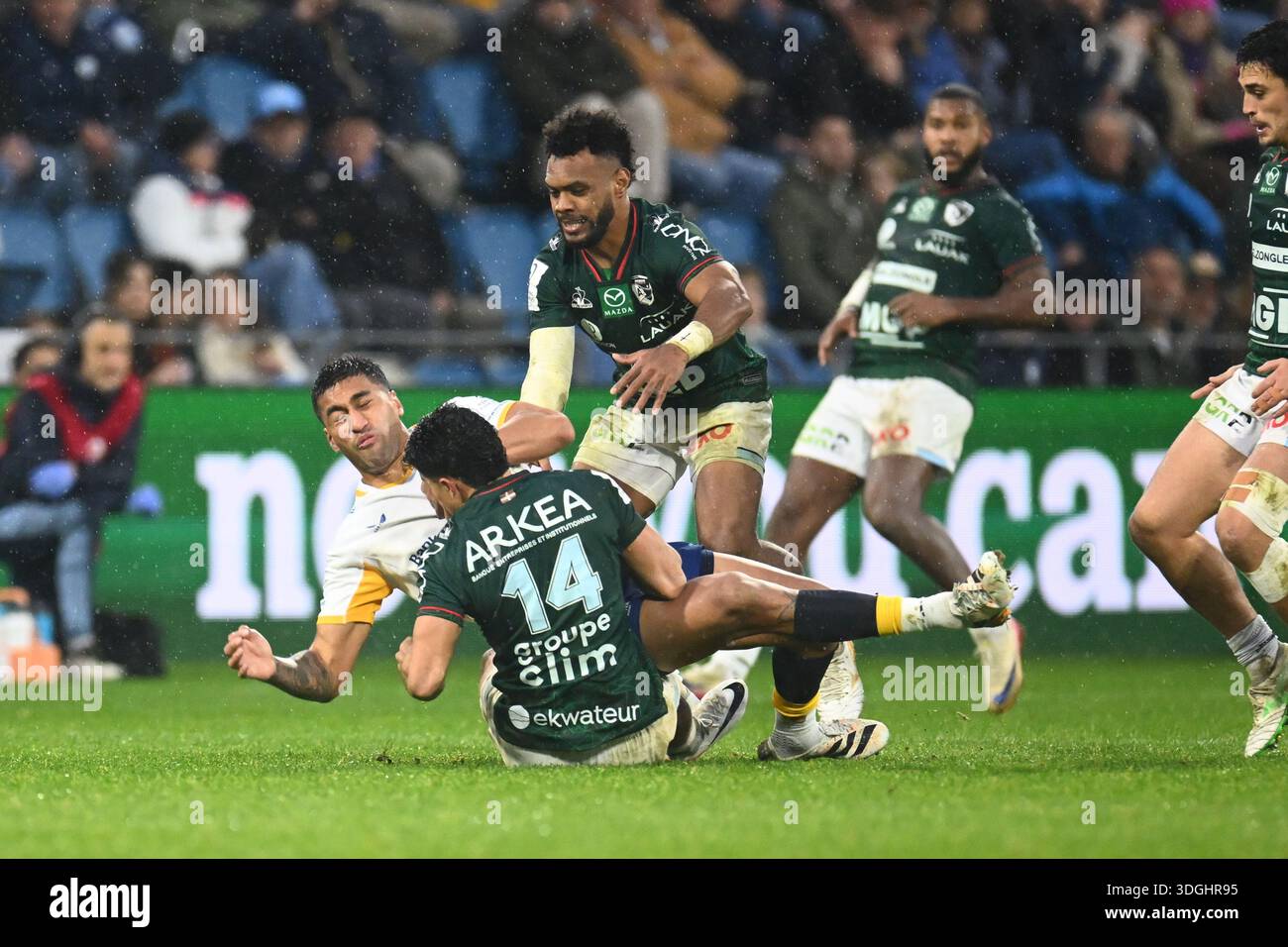 Rieko Ioane of Leinster and Sireli Maqala of Bayonne during the EPCR ...