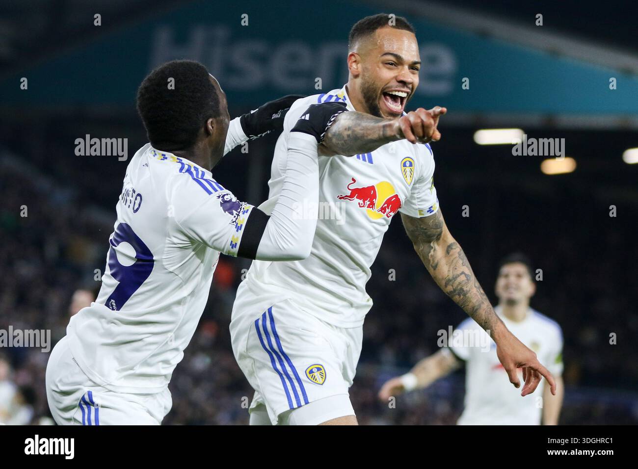 Leeds, UK. 17th Jan, 2026. Lukas Nmecha (14 Leeds United) celebrates ...