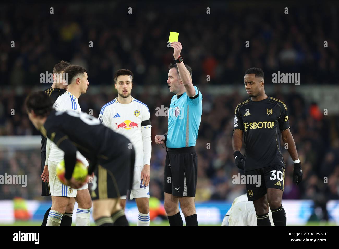 Leeds, UK. 17th Jan, 2026. Yellow card for Harry Wilson of Fulham ...