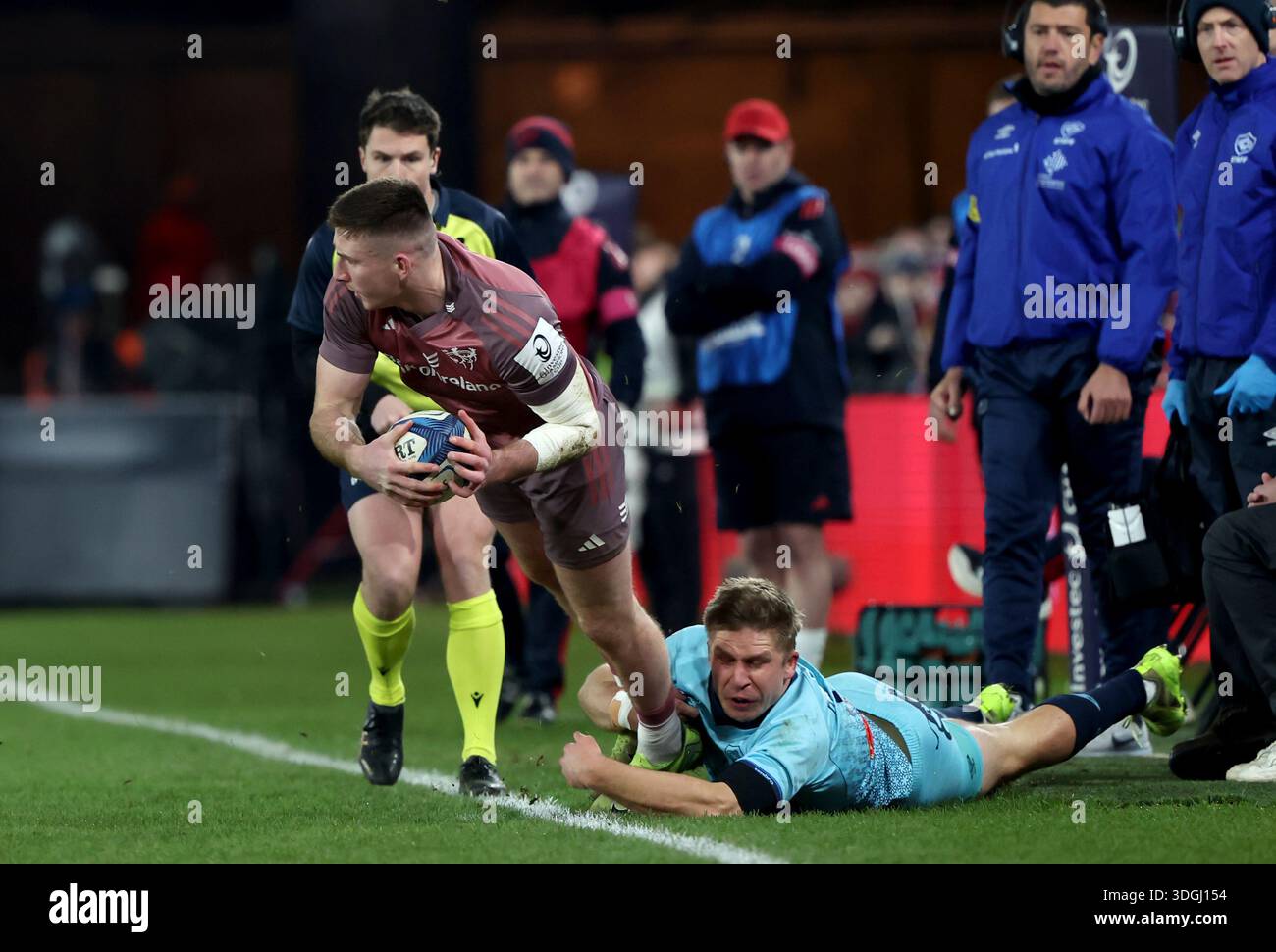 Munster Rugby's Ben O'Connor (left) is tackled by Castres' Jack Goodhue ...