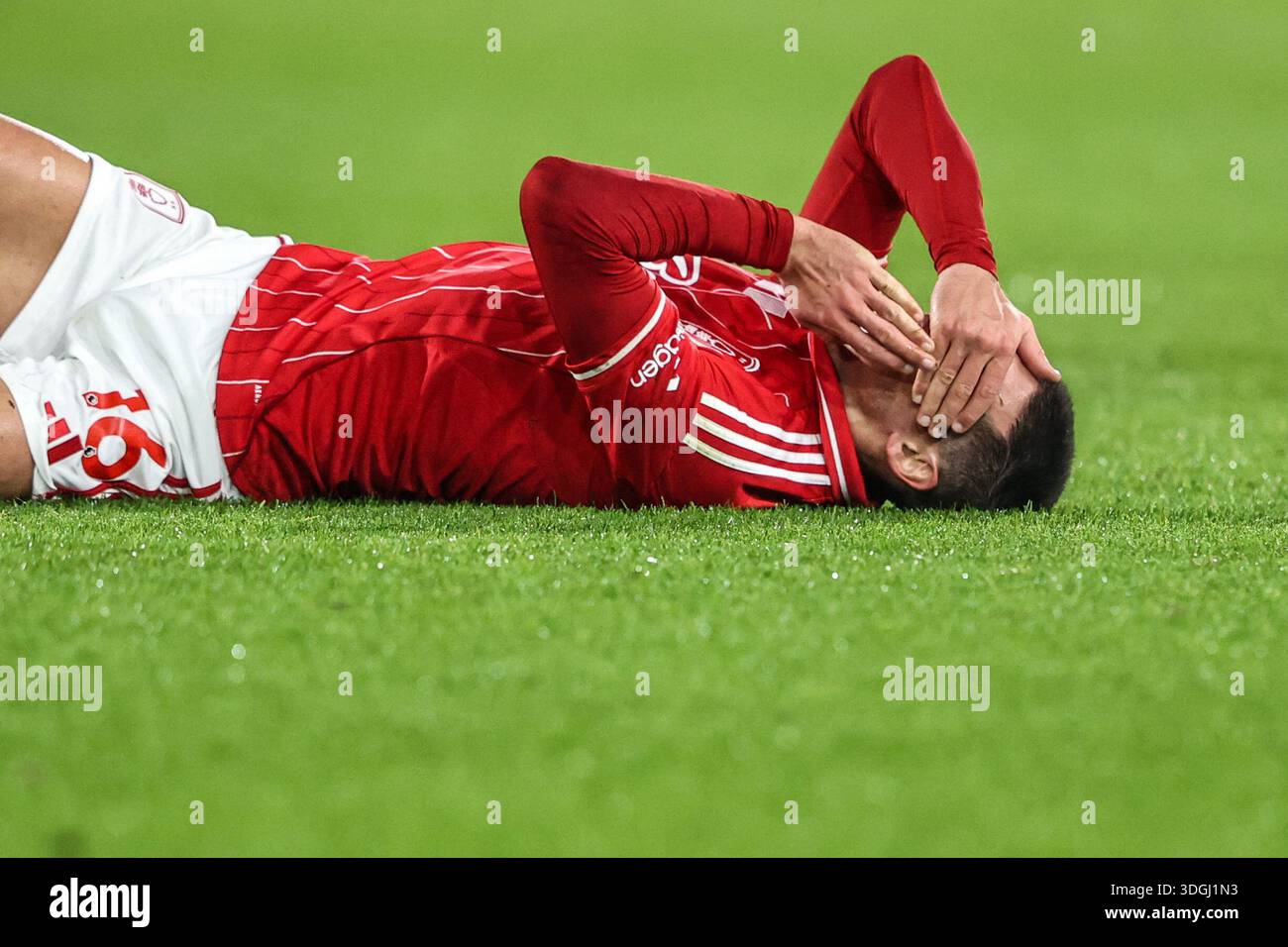 Nicolas Dominguez of Nottingham Forest takes a knock during the Premier ...