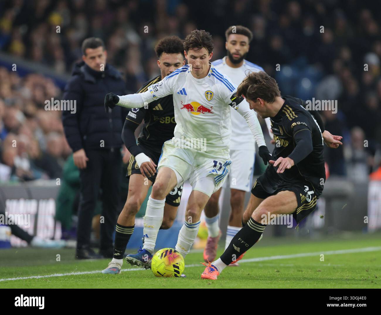 Leeds United's Brenden Aaronson controls the ball during the Premier ...