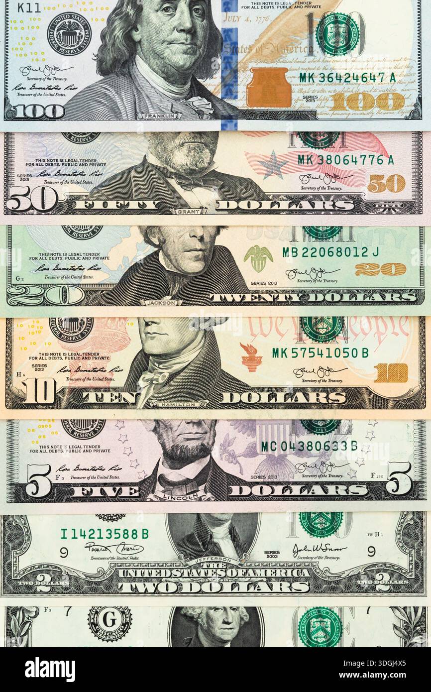 US dollar banknotes background with different denominations in ...