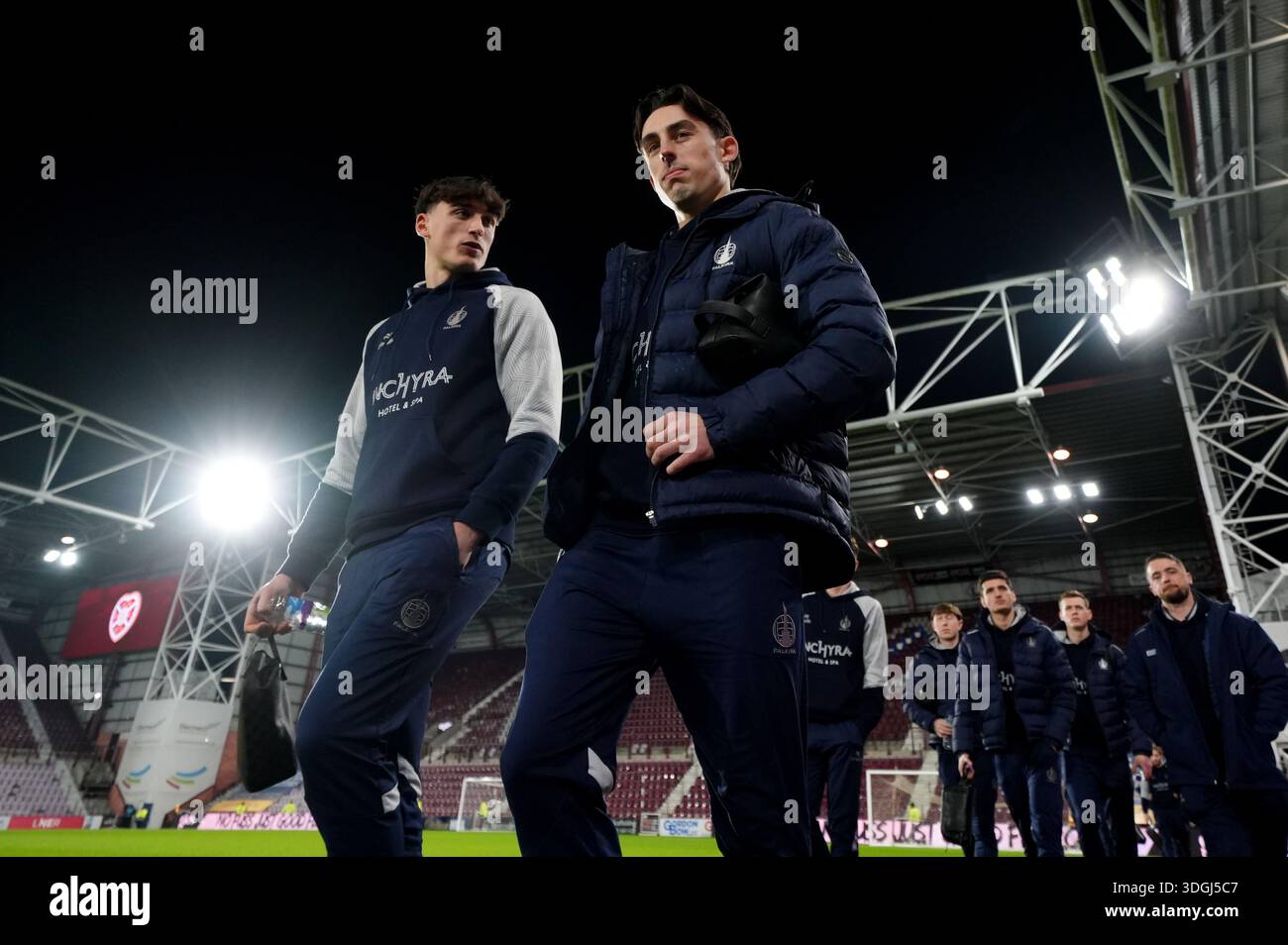 Falkirk's Barney Stewart (left) and Keelan Adams arrive at the ground ...