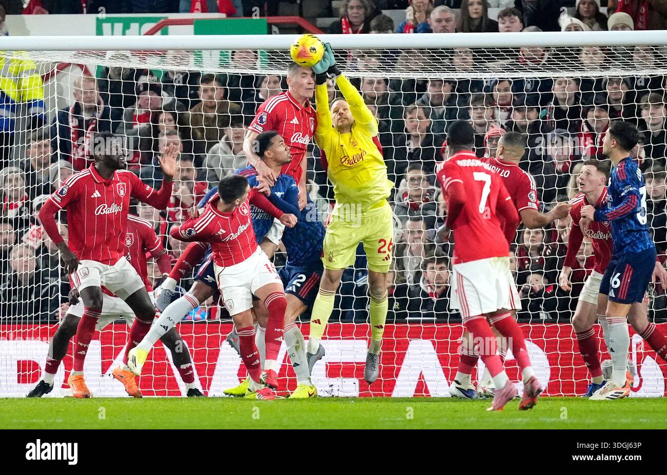 Nottingham Forest goalkeeper Matz Sels (centre) makes a save during the ...