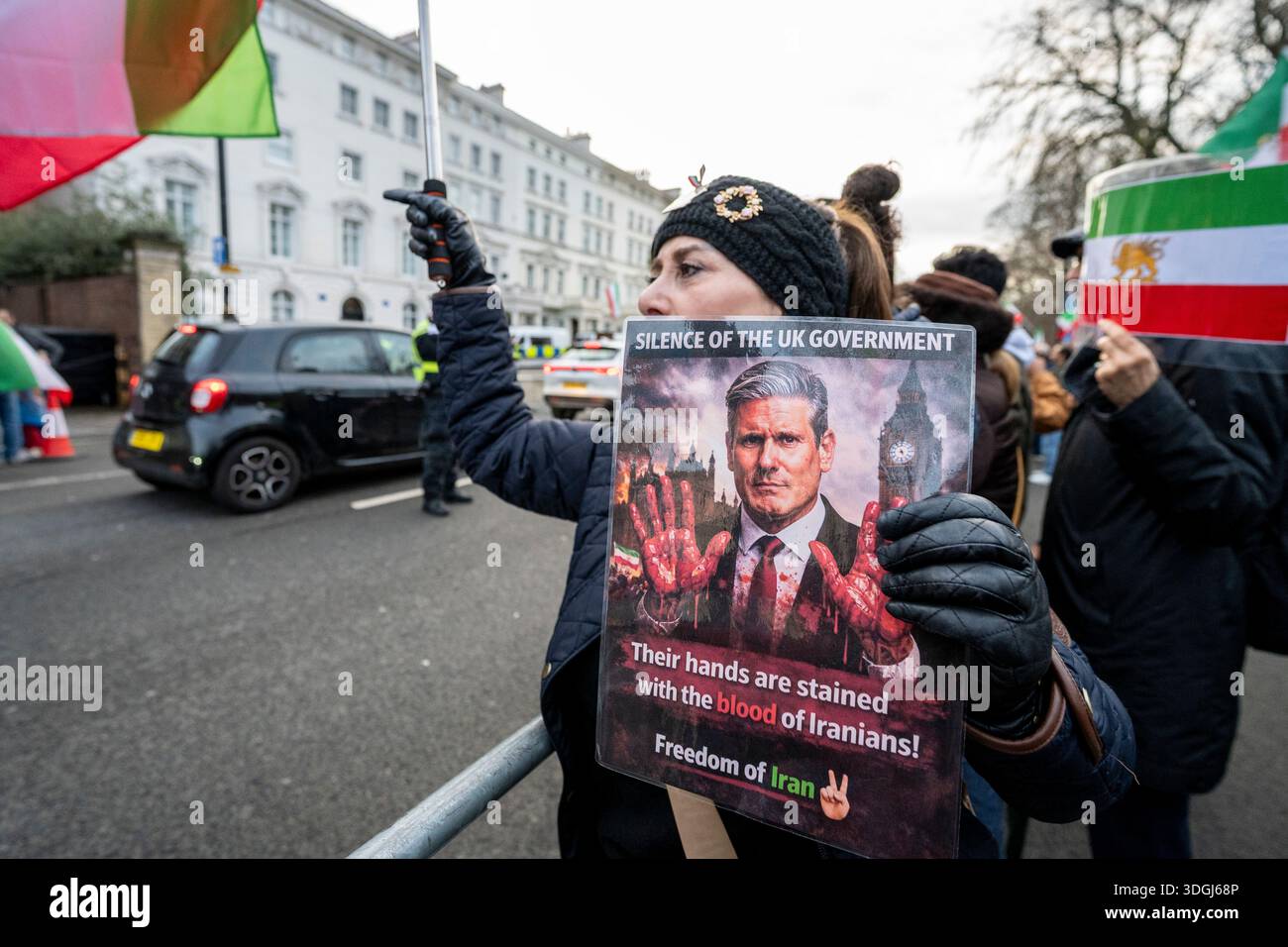 London, UK. 17 January 2026. Protesters outside the Iranian Embassy on ...