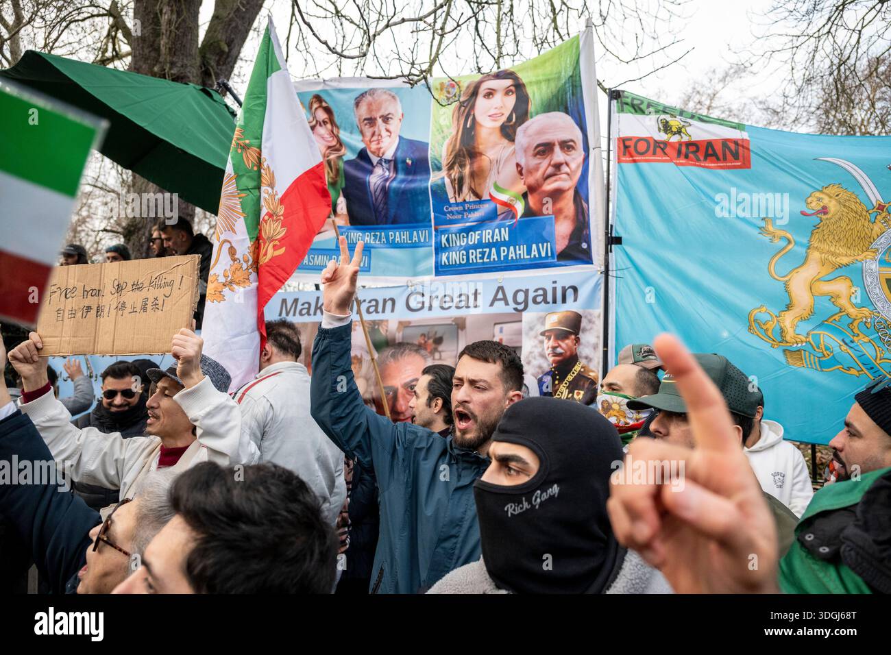 London, UK. 17 January 2026. Protesters outside the Iranian Embassy on ...