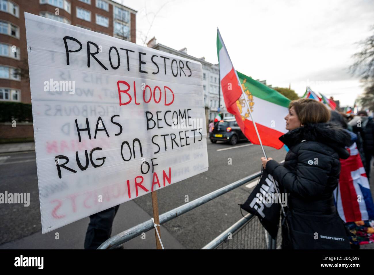London, UK. 17 January 2026. Protesters outside the Iranian Embassy on ...