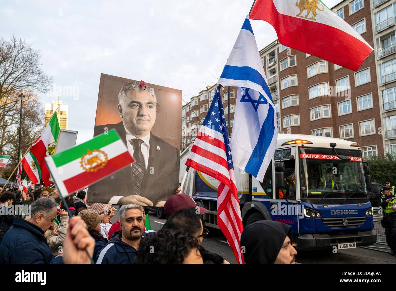 London, UK. 17 January 2026. Protesters outside the Iranian Embassy on ...