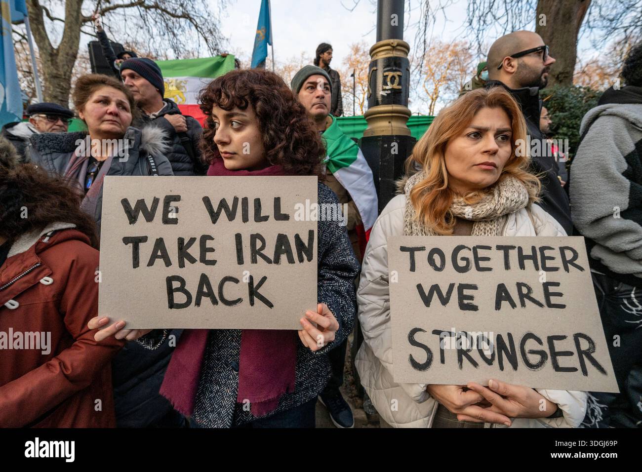 London, UK. 17 January 2026. Protesters outside the Iranian Embassy on ...